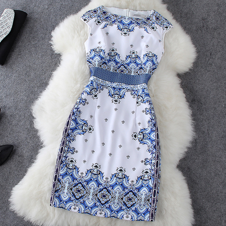 Blue And White Porcelain Design Printed Round Neck Sleeveless Dress Jdd ...