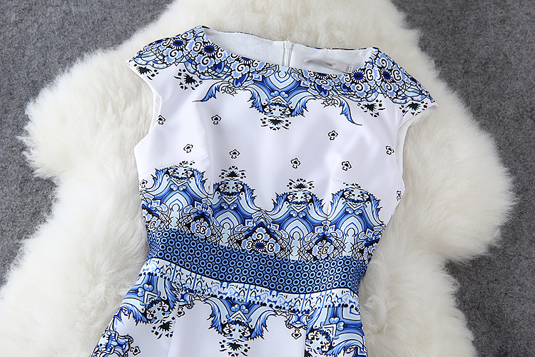 Blue And White Porcelain Design Printed Round Neck Sleeveless Dress JDd ...